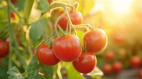Fresh Red Tomatoes Ripening In Sunlight On A Vine In A Garden During