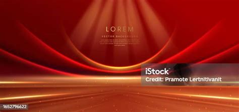 빨간색 곡선 모양의 조명 효과와 반짝임이 있는 우아한 빨간색 무대 템플릿 프리미엄 어워드 디자인 Theatrical