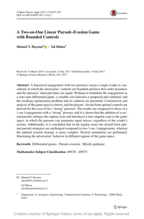 A Two On One Linear Pursuitevasion Game With Bounded Controls Request Pdf