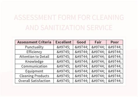 Assessment Form For Cleaning And Sanitization Service Excel Template