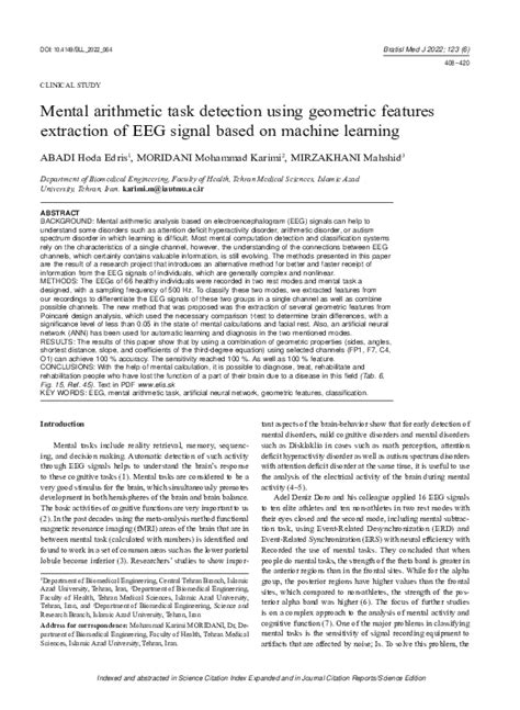 Pdf Mental Arithmetic Task Detection Using Geometric Features Extraction Of Eeg Signal Based