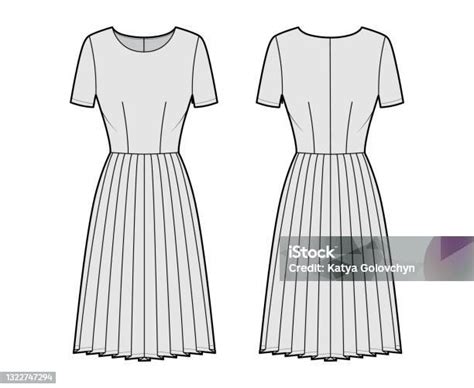 드레스 주름 테크니컬 패션 일러스트와 반소매 몸에 맞는 무릎 길이 스커트 플랫 의류 전면 0명에 대한 스톡 벡터 아트 및 기타 이미지 Istock