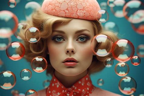 Premium Photo Retro Woman Portrait On Soap Bubbles Background Generate Ai
