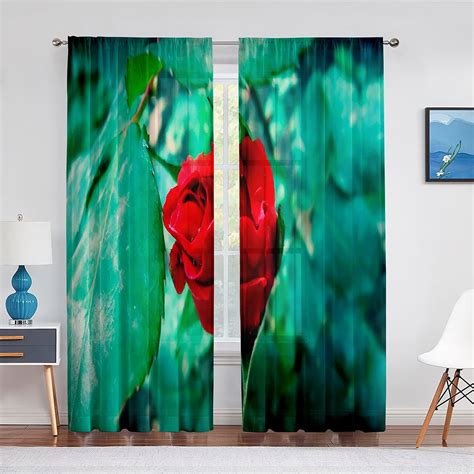 Red Rose Valentines Day Floral Romance Tulle Sheer Window Curtains For