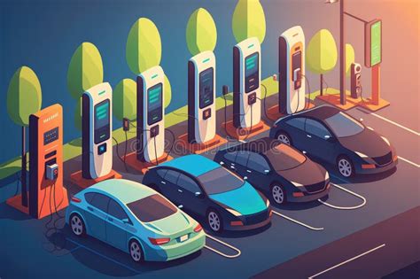 Electric Car Charging Station With Various Types Of Electric Cars