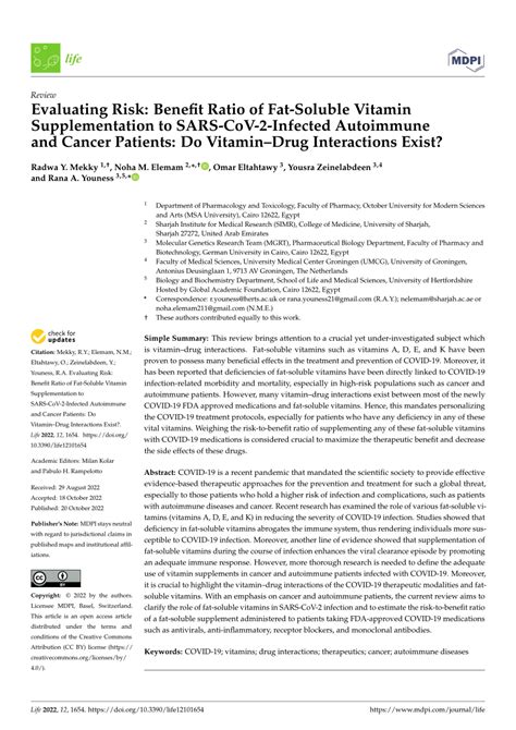 Pdf Evaluating Risk Benefit Ratio Of Fat Soluble Vitamin Supplementation To Sars Cov 2