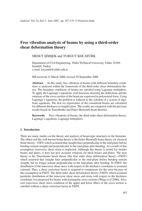 Pdf Free Vibration Analysis Of Beams By Using Third Order Shear Deformation Theory