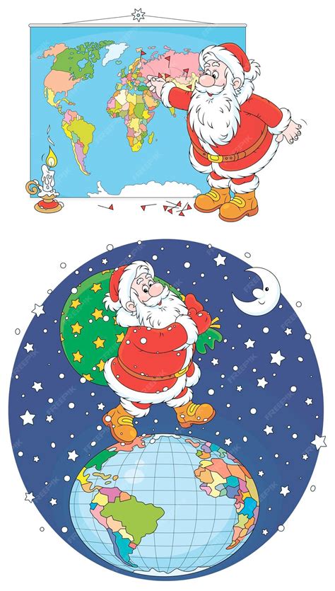 Santa Claus With A World Map And Walking On The Globe With His Magic