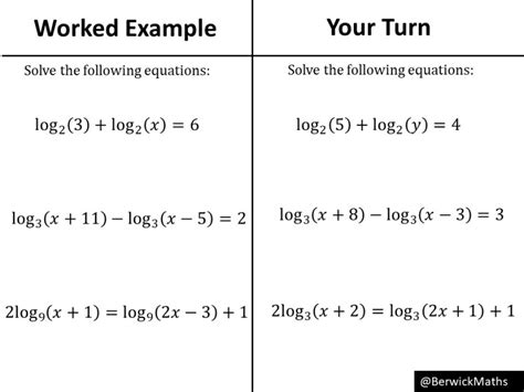 Solving Logarithm Equations Example Problem Pair Berwickmaths