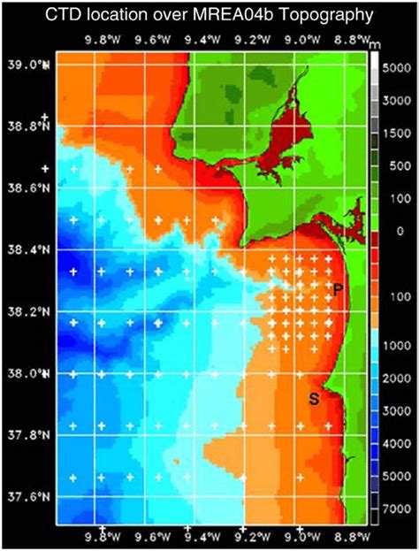 the model topography is shown with color contours the locations of the