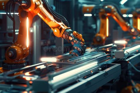 Robotic Arm Working On A Conveyor Belt In A Factory Suitable For