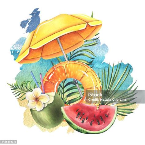태양 우산 고무 반지 수박 코코넛 칵테일 및 야자수 잎이 있는 열대 해변 여름 구성 수채화 그림 손으로 그린 그림 흰색 배경에