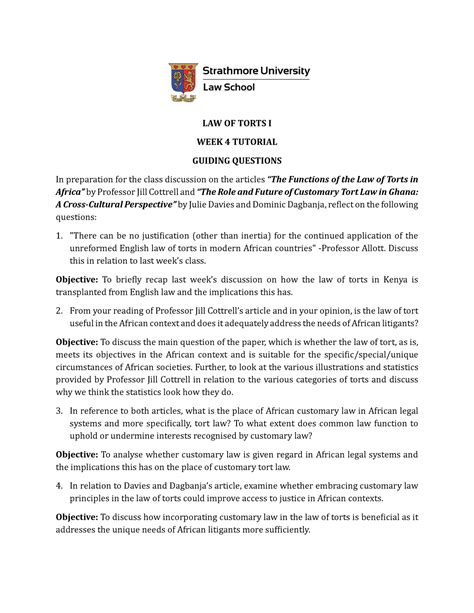 Law Of Torts Week 4 Tutorial Law Of Torts I Week 4 Tutorial Guiding