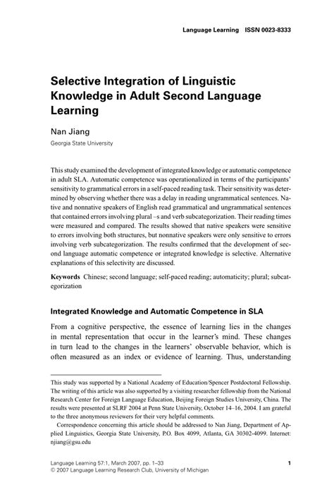 Pdf Selective Integration Of Linguistic Knowledge In Adult Second
