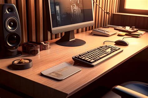 A Computer Desk With A Keyboard Mouse And Monitor Stock Image Image Of Desk Digital 323134739