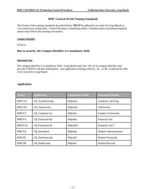 Bmc Control M Job Naming Standards California State University