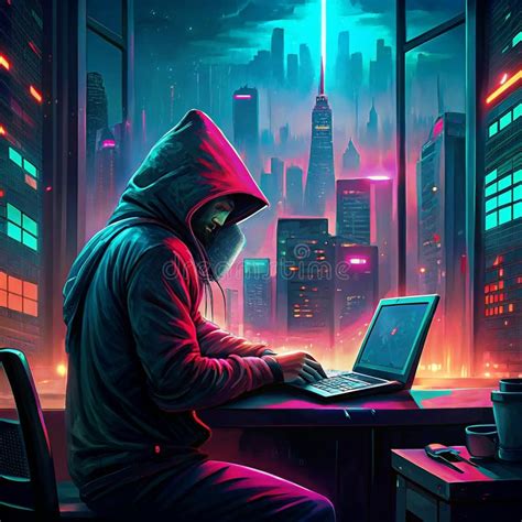 Cyberpunk Hacker A Hooded Figure Working On A Laptop In A Futuristic