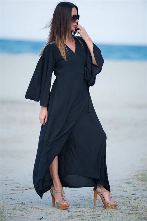 Kimono Wrap Maxi Dress Long Sleeve V Neck Kaftan Etsy