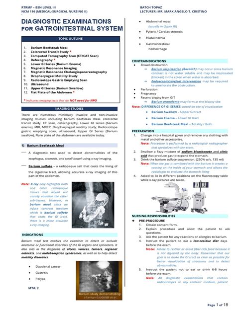 Med Surg 2 2 Diagnostic Examinations For Gastrointestinal System Pdf