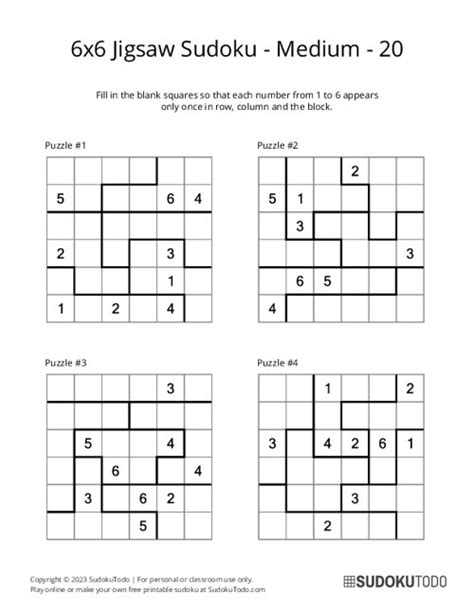 6x6 Medium Jigsaw Sudoku Printable Puzzles