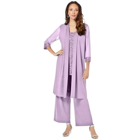 Roamans Womens Plus Size Three Piece Lace And Sequin Duster Pant Set