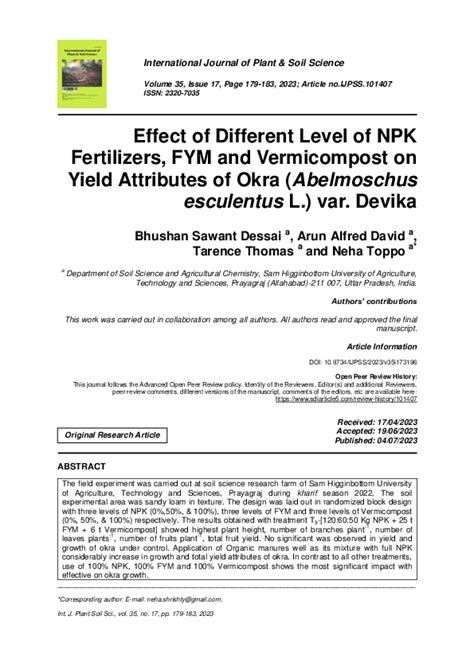 Pdf Effect Of Different Level Of Npk Fertilizers Fym And