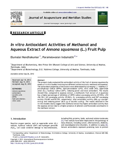 Pdf In Vitro Antioxidant Activities Of Methanol And Aqueous Extract