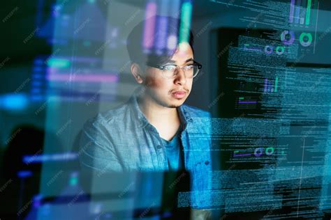 Premium Photo Night Code And Hologram With Man In Office For Programming Future And Software