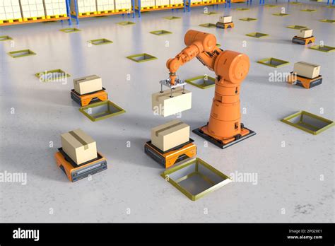 Automation Factory Or Cargo Concept With D Rendering Robot Arms And Warehouse Robots Stock