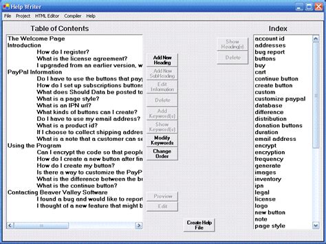 Help Writer Main Window Beaver Valley Software Company This Program