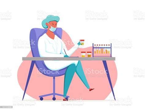 소변 검사 의료 실험실 진단 연구 벡터 일러스트 실험실 외투 검사 분석 샘플을 착용한 과학자 여성은 소변 샘플과 리트머스를 손에