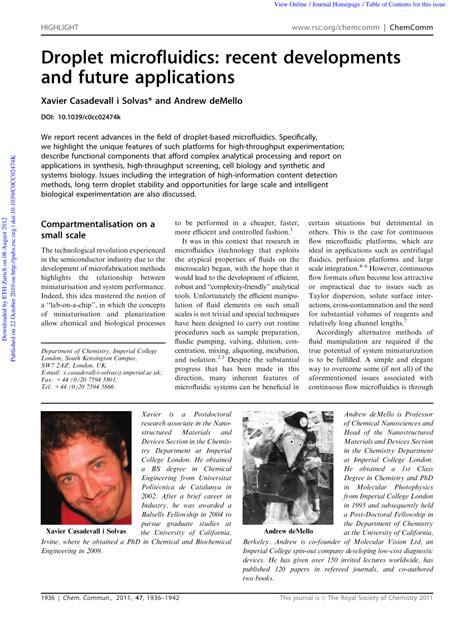 Pdf Droplet Microfluidics Recent Developments And Future Applications