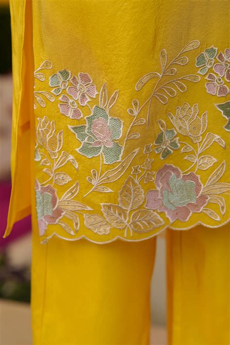 Yellow Shimmer Tissue Floral Embroidered Straight Suit Set Scakhi