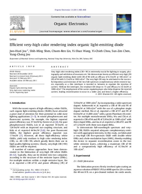 Pdf Efficient Very High Color Rendering Index Organic Light Emitting Diode Sunzen Chen