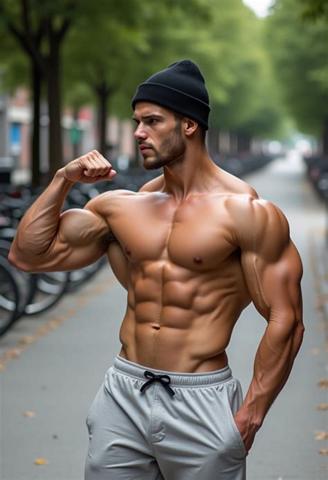Young Man Flexing Bicep Outdoors Stable Diffusion Online