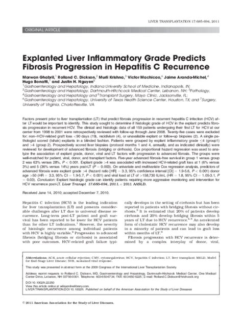 Pdf Explanted Liver Inflammatory Grade Predicts Fibrosis Progression