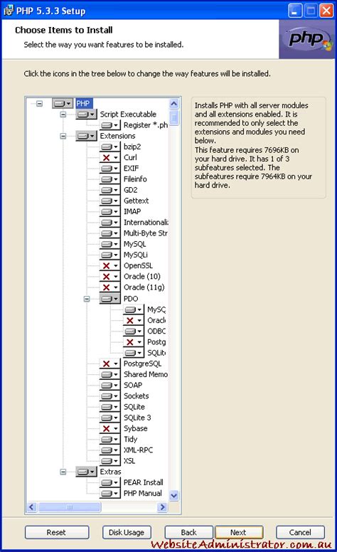 select items to install in apache php 5 3 3 for microsoft windows