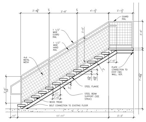 The Staircase Side Views Sectional Details With Handrails And Reinforcement Concrete Are Given