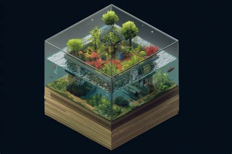 Floating Isometric Greenhouse Ecosystem Cube Showcasing Aquatic And