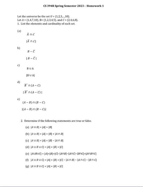 Solved Let The Universe Be The Set U 12310 Let
