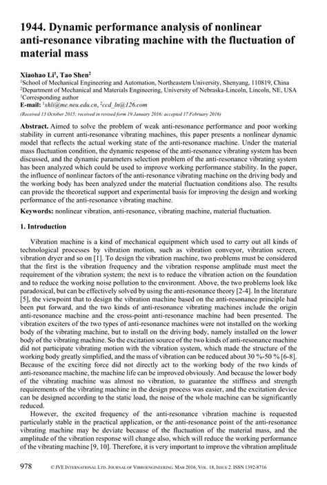 Pdf Dynamic Performance Analysis Of Nonlinear Anti Resonance Vibrating Machine With The