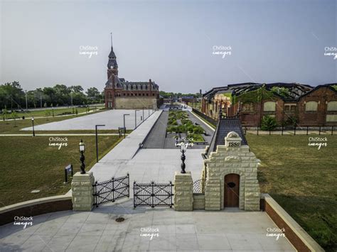 Aerial View Of Historic Pullman Clock Tower And Administration Building With Gate Entrance