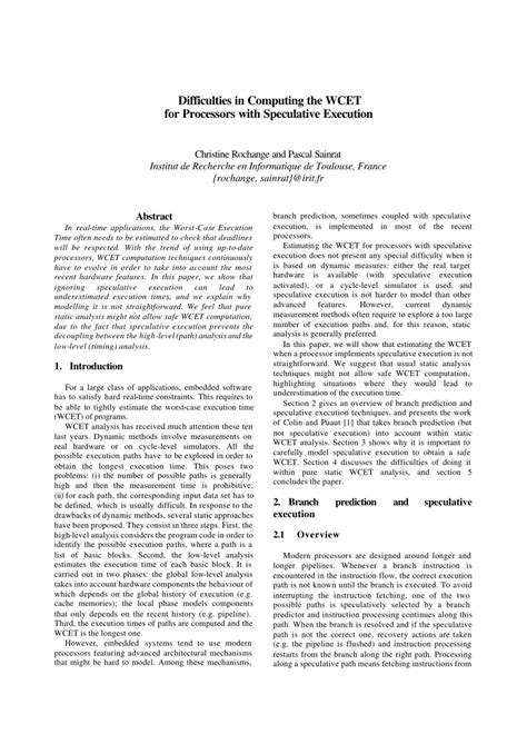 Pdf Difficulties In Computing The Wcet For Processors With Speculative Execution