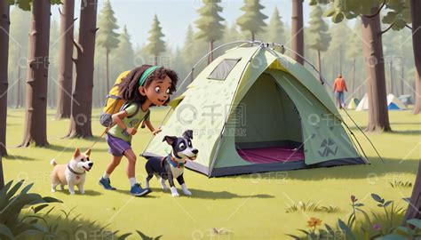 包包ai数字艺术 卡通女孩在她的露营帐篷前狗在周围跑来跑去搭帐篷的人 Ai图片免费下载png格式4032像素编号70810085 千图网