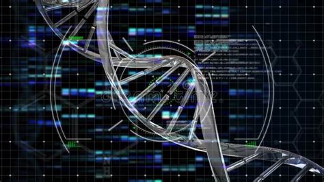 Metallic Dna Double Helix Floating Across Screen Showing Neon Streaks With Code Panels And Grid