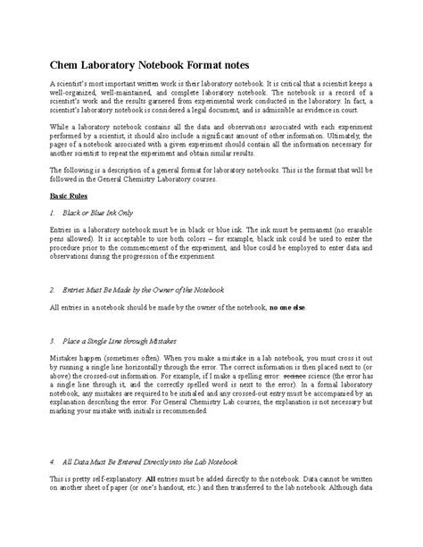 Chem Laboratory Notebook Format Notes It Is Critical That A Scientist Keeps A Well Organized