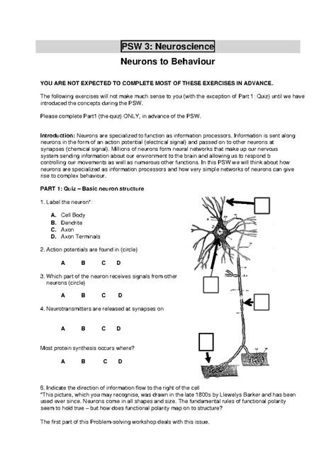 PSW 3 Worksheet 13 PSW 3 Neuroscience Neurons To Behaviour YOU ARE NOT EXPECTED TO COMPLETE