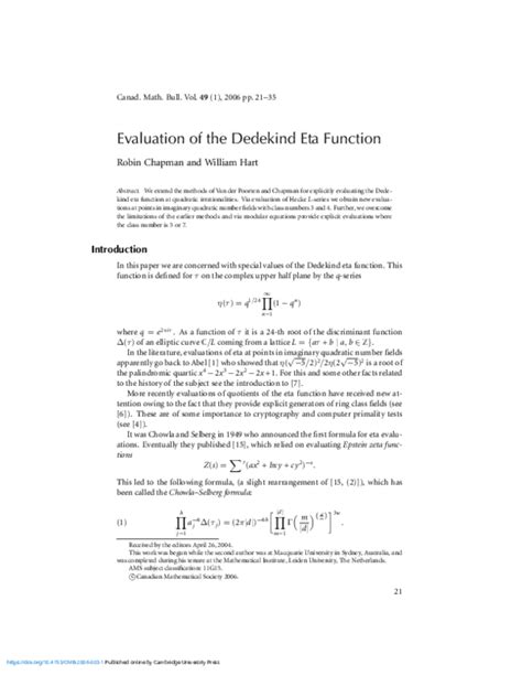 Pdf Evaluation Of The Dedekind Eta Function