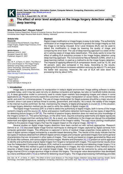 PDF Effect Of Error Level Analysis On The Image Forgery Detection Using Deep Learning