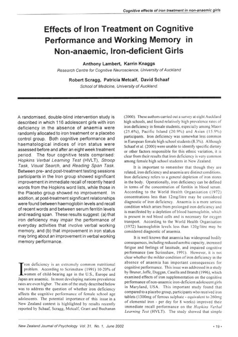 Pdf Effects Of Iron Treatment On Cognitive Performance And Working Memory In Non Anaemic Iron